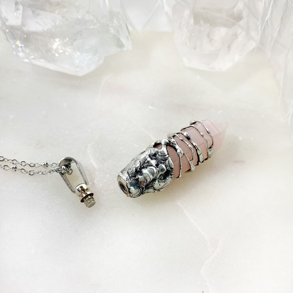 Wire Wrapped Rose Quartz Point Urn Necklace | Sacred Spirit Relics